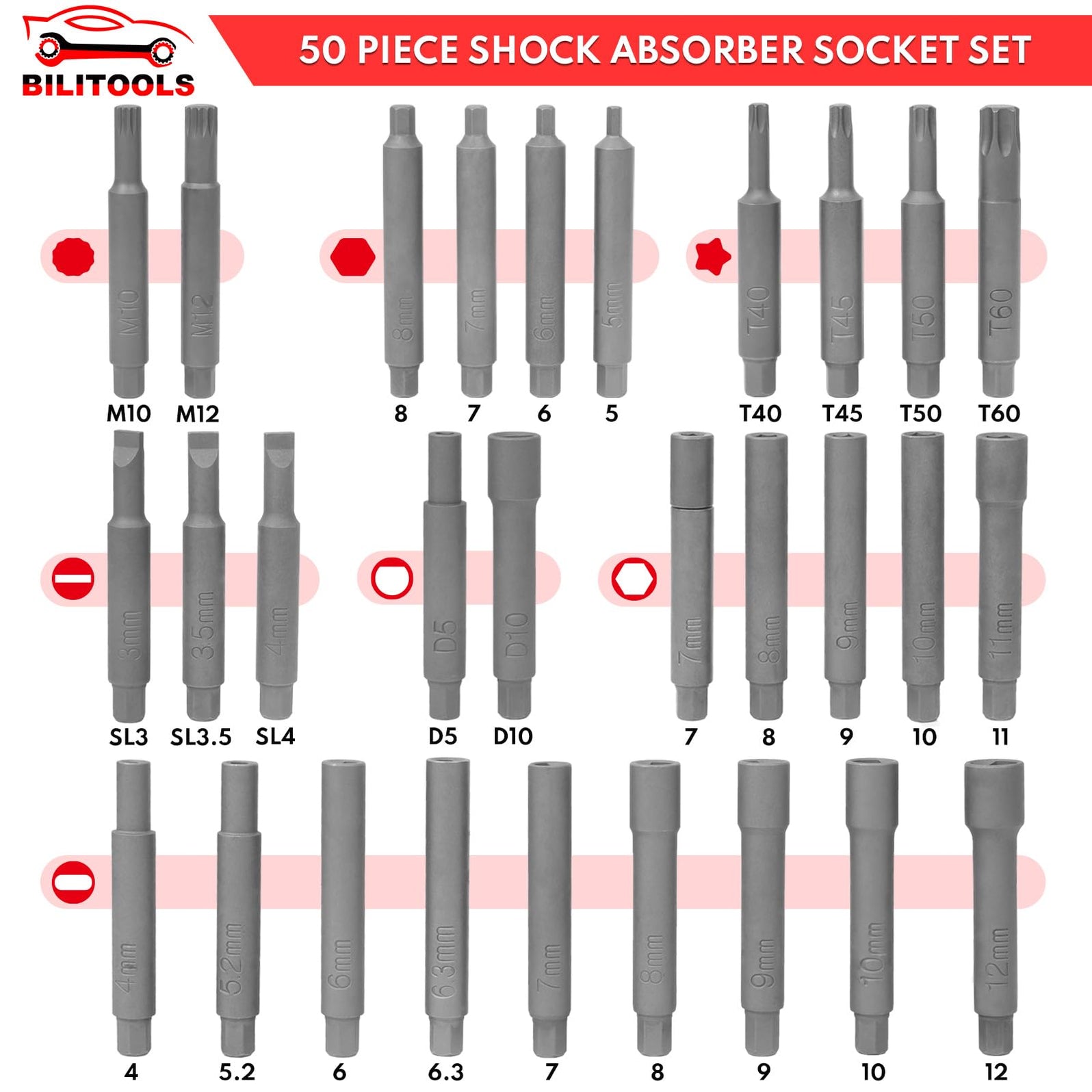 BILITOOLS Shock Absorber Strut Nut Removal Socket Tool 50-Piece Master