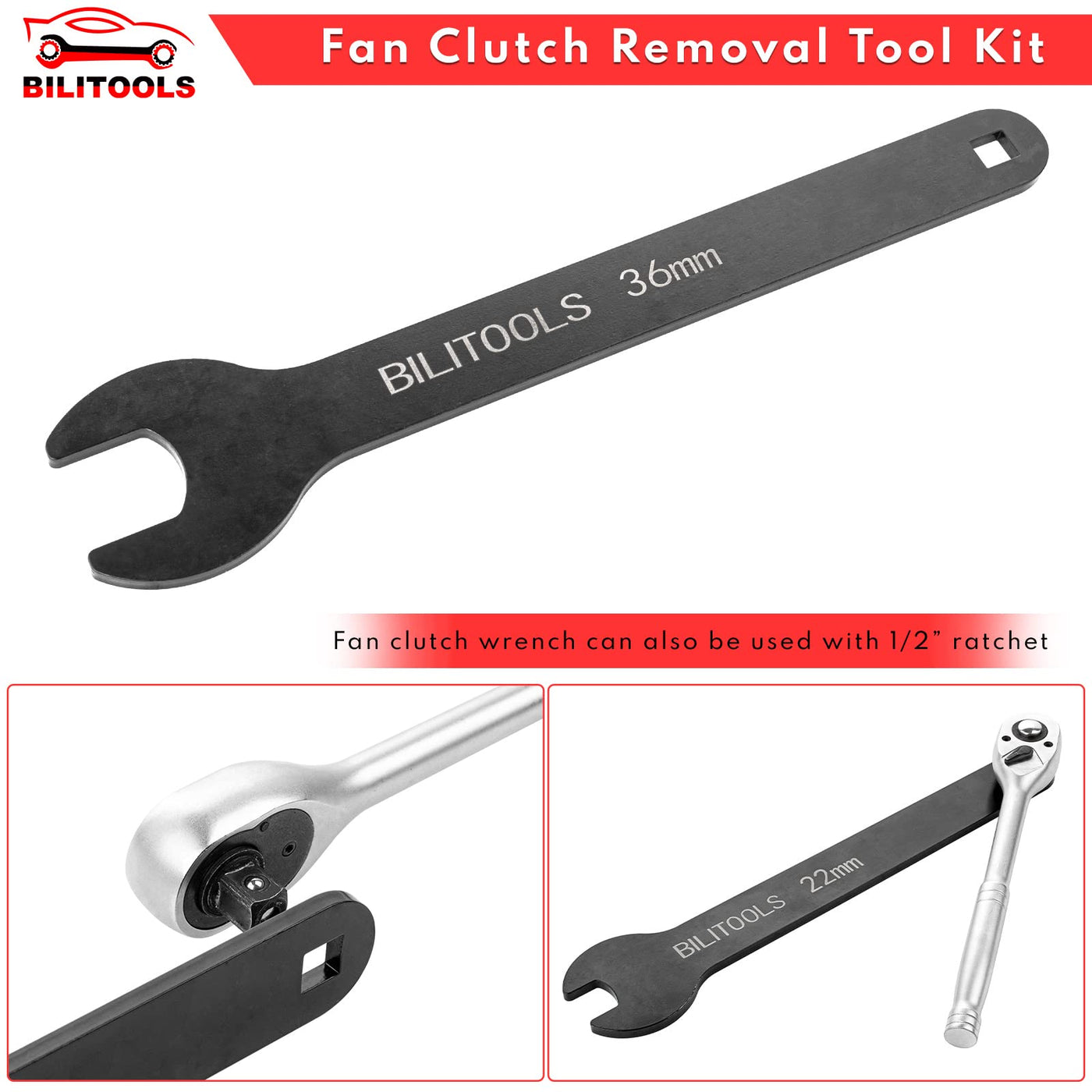 BILITOOLS Fan Clutch Removal Tool Kit, Fan Clutch Wrench Set 22 36 40